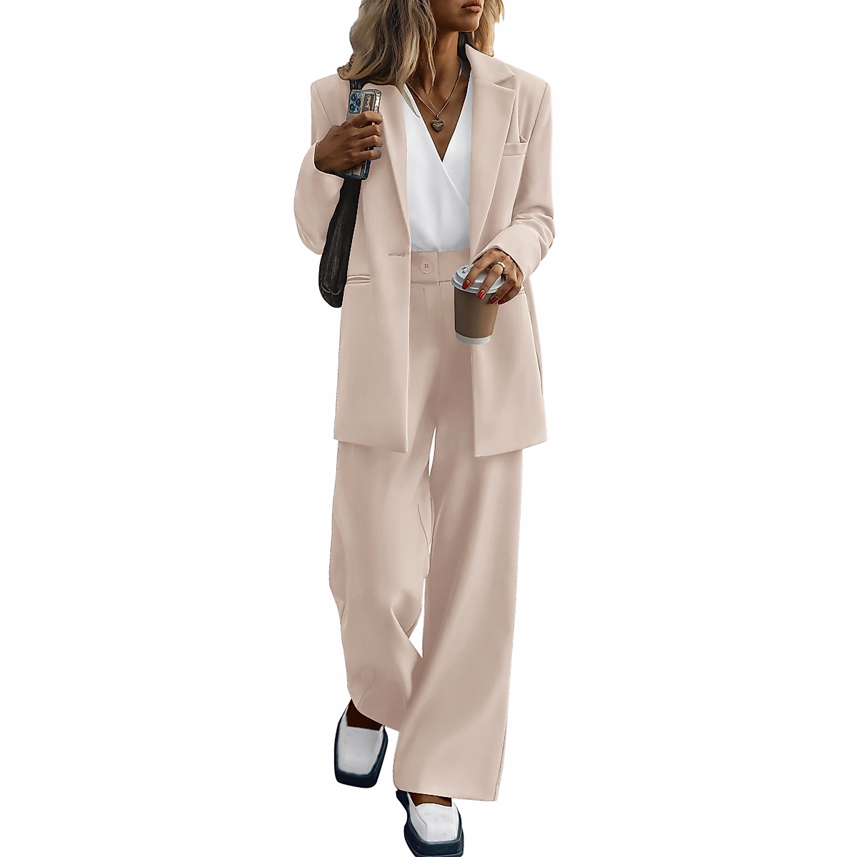 PRETTYGARDEN Women's 2024 Fall Two Piece Outfits Blazer Jacket and Wide Leg Pants Pockets Business Casual Suit Sets (Beige,Small)