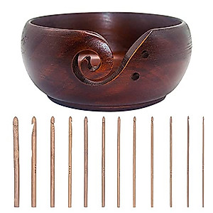 LAMXD Brown Wooden Yarn Bowl with 12 pcs Bamboo Handle Crochet Hook,Wool Storage Handmade Crochet Kit Organizer,Skein Storage Bowl - Knitting & Crochet Yarn Storage Bowls & Accessories