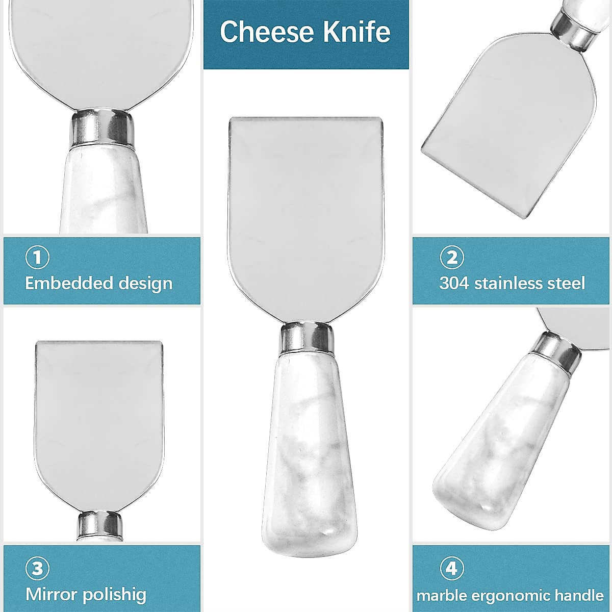 Funland 4PCs Cheese Knife Spreader Set with Marble Handle, Cute Cheese Knives Cutter Slicer for Marble Cheese Board, Spatula for cheese Board Accessories, Gift for Party, Thanksgiving - Silver