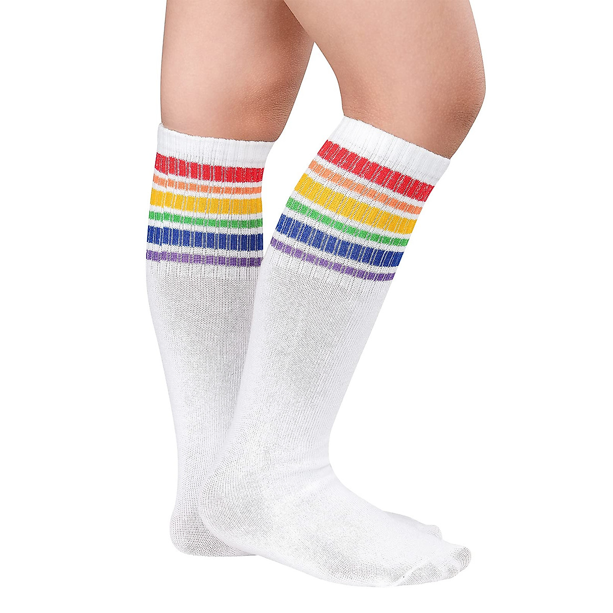 Cosy Encounter Kids Toddler Stripes Knee High Socks Cotton Sports Soccer Uniform Tube Stockings for Boys Girls 1 Pair White Rainbow One Size (WDCEAS4190S101PSN)