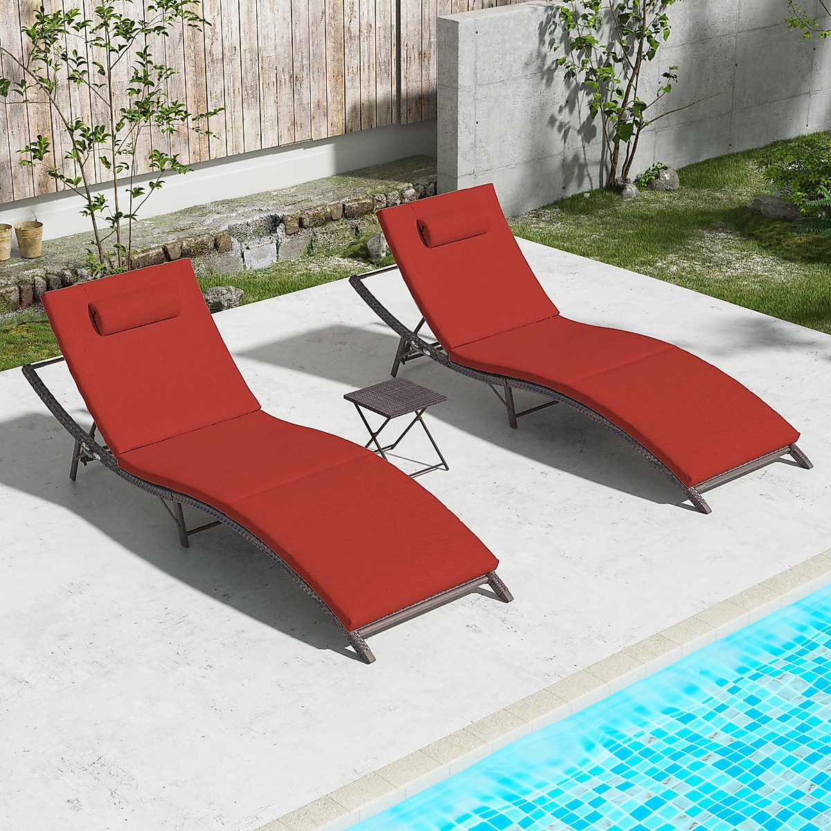 Kullavik Lounge Chair for Outside,3 Pieces Chaise Lounge Outdoor Folding Pool Lounge Chairs Including Table Rattan Patio Furniture Set,Red