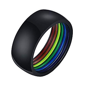 HIJONES Men's Women's Black Stainless Steel Simple 8MM Rainbow Enamel Gay Pride Love Domed Rings Size 10