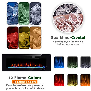 60 inch Electric Fireplace Wall Mounted Led Wall Fireplace Drifting Fireplace Recessed Electric Fireplace Inserts, Adjustable Flame Color Electric Fireplace