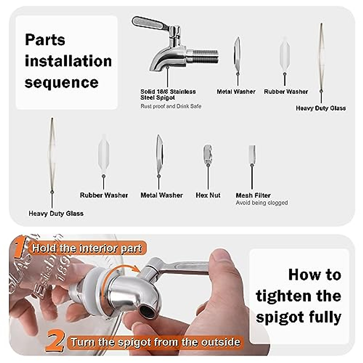 Mustry Glass Drink Dispenser for Parties, 1 Gallon Beverage Dispenser with Spigot Solid Stainless Steel, Used as Lemonade Dispenser Sun Tea Jar Kombucha Jar