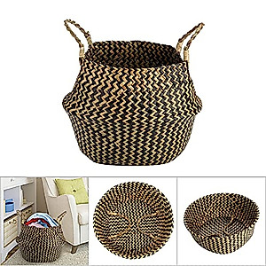 Foldable Storage Basket, Natural Seagrass Woven Storage Basket Clothes Organizer Plant Flower Pot for Bedroom, Living Room, Kids Room(Black (wave pattern))