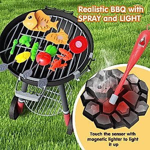 Yalujumb 68PCS Toy BBQ Grill Set,Kitchen Toy Set,Barbecue Kitchen Cooking Playset with Realistic Spray,Light&Sound,Kids Grill Playset Interactive BBQ Toy Set for Kids