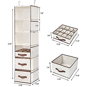 Vercord 6 Shelf Hanging Closet Organization Foldable Hanging Shelves Clothes Storage with 2 Large Drawer 1 Sock Drawer 6 Mesh Pocket.