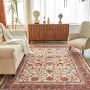 Simple&Opulence Boho Area Rug 6x9 for Living Room, Machine Washable Non Slip Low Pile Vintage Carpet for Bedroom, Dining Room, Office, Tribal Floral Printed Rug Home Decor for Office(Red)