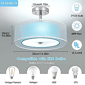 DLLT 3-Light Semi Flush Mount Ceiling Light Fixture, 15'' Blue Drum Light Ceiling Hanging with Double Fabric Shade, Modern Close to Ceiling Lamp for Living Room Bedroom Kitchen Dining Room Entry Foyer
