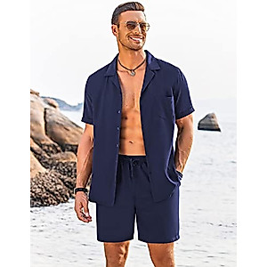 COOFANDY Men's 2 Pieces Shirt Set Short Sleeve Button Down Casual Hippie Holiday Beach T-Shirts Shorts Outfits (Navy Blue, Large)