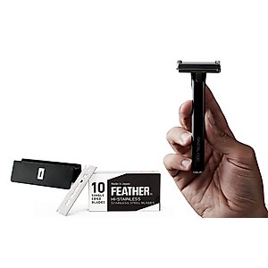OneBlade Hybrid Safety Razor with Stand & 10 Premium Japanese Feather FHS Refill Blades - For All Skin Types - Single Blade Razor