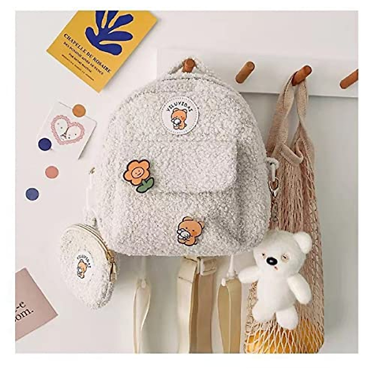XINBOO Kawaii Fluffy Mini Backpack for Girls Soft Plush Bag Women's Aesthetic Fuzzy Backpack with Furry Purse (Beige)