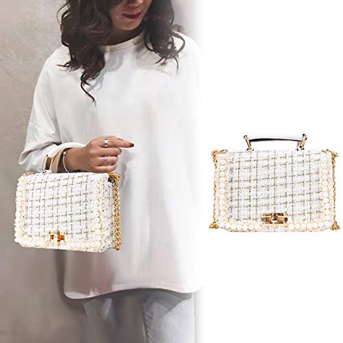 Qiayime Purses and Handbags for Women Fashion Ladies Top Handle Satchel Shoulder Tote Pearl bead chain Tote Crossbody Bag White