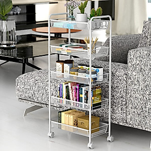 JANE EYRE 5-Tier Rolling Utility Storage Rack Cart on Wheels, Trolley Craft cart, Multi-Purpose Organizer Shelf, White