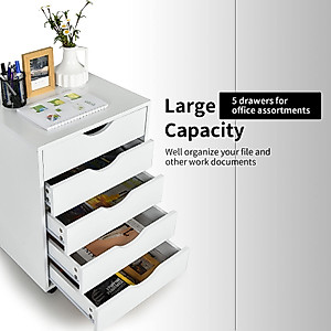 Giantex 5-Drawer Vertical File Cabinet, Mobile Office Storage Cabinet with Drawers, Large Capacity, 2 Lockable Casters and Universal Wheels, Under Desk Side Printer Stand Rolling File Cabinet (White)