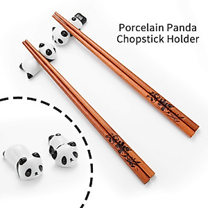 Efaithtek Cute Panda Chopsticks and Chopstick Rest Gift Set, Reusable Wooden Chopsticks Set with Ceramic Chopsticks Holder and Red Gift Case for Wedding, Anniversary, Birthday Presents (2 Pairs)