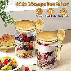 Yomarket 4 Pack Airtight Glass Jars with Bamboo Lid and Spoons 17 Oz Food Storage Container with Labels, Overnight Oats Containers with Lids for Flour, Sugar, Tea, Cookies, Candy, Cereal, Coffee