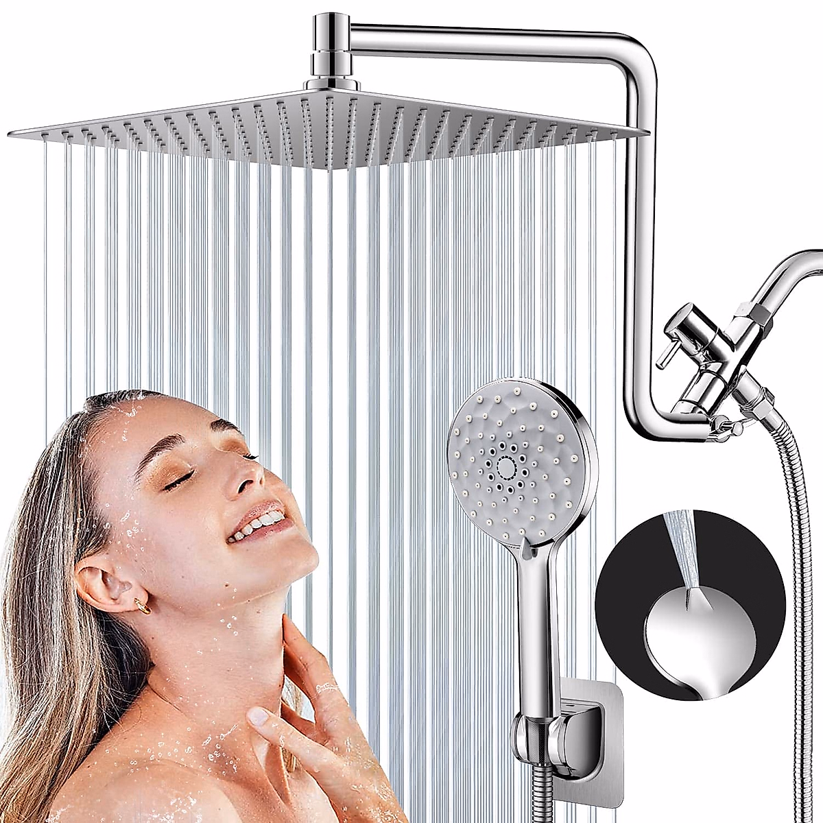 PinWin Shower Head, Upgraded Dual Rain Shower Head with Adjustable Extension Arm, 6-Setting Handheld Combo, Powerful High-Pressure Spray Against Low Pressure Water (12-Inch Showerhead Set, Chrome)