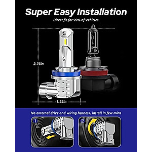 AUTOONE H11 LED Headlight Bulbs, H8/H9/H16 LED Lights Plug and Play 6000K White Fanless Mini Size Car Lights Bulb Replacements, Pack of 2