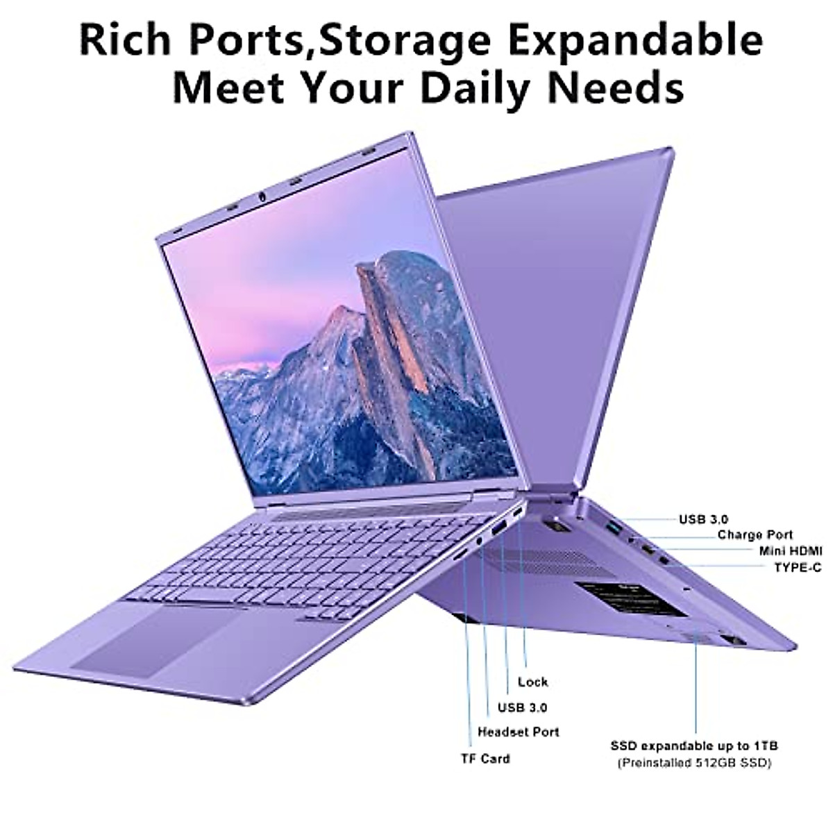 Ruzava/Aocwei 16" Laptop 12+512GB Celeron Intel N5095 (Up to 2.9Ghz) 4-Core Win 11 PC with Cooling Fan 1920 * 1200 2K Screen Dual WiFi Support 2.5" HDD 1TB SSD Expand for Game Work Study-Purple