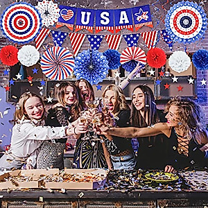 27 Pieces 4th of July Decorations Set, Red White Blue American Flag Hanging Honeycomb Paper Fans, Pom Poms, Swirls, Love USA Banner, Star Garland Patriotic Independence Day Outdoor Party Supplies