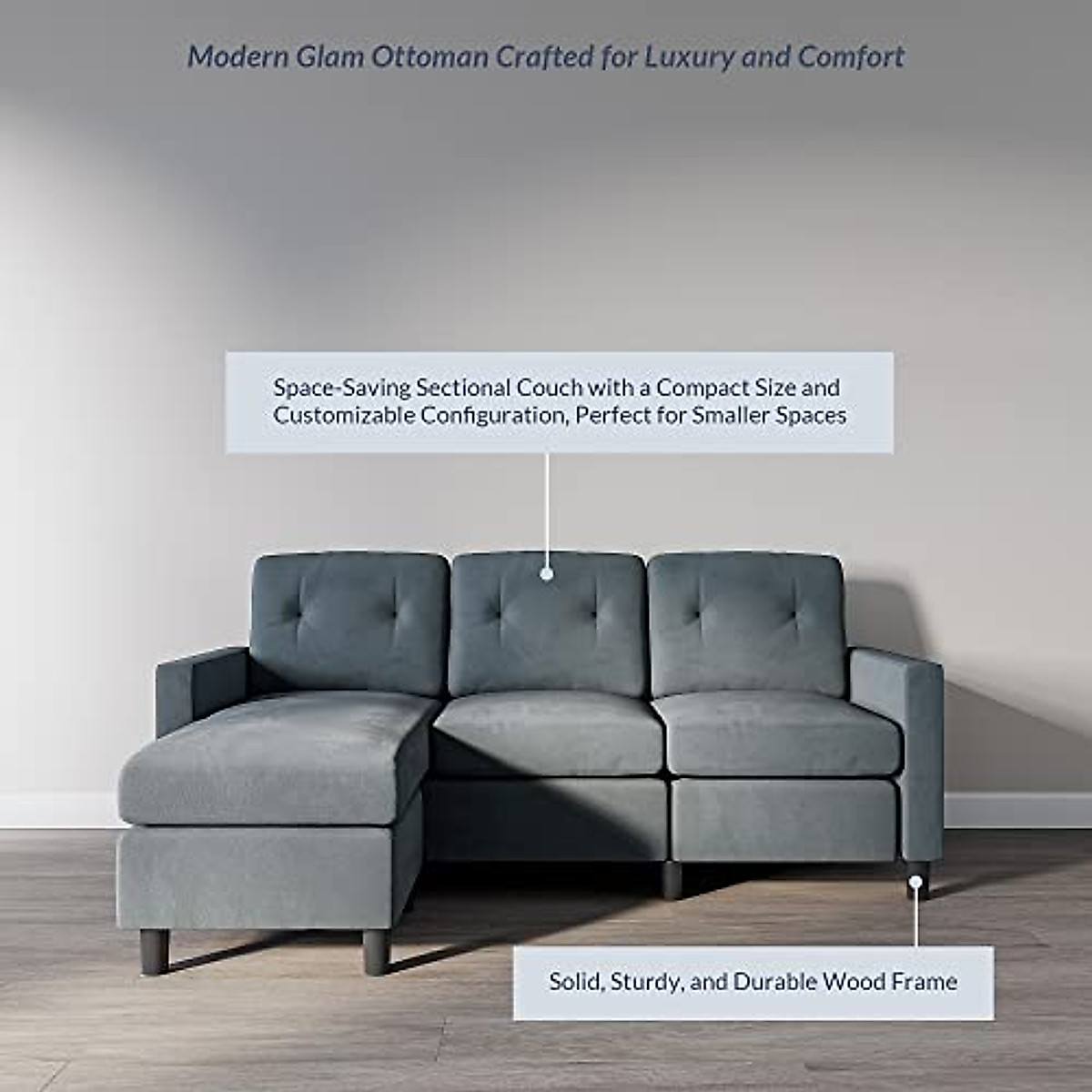 BELLEZE 3 Piece Convertible Sectional Sofa, Upholstered Fabric L Shaped Couch with Modular Chaise Lounge for Dorm Rooms, Apartments, Small Spaces - Altera (Dark Gray)