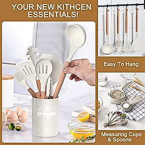 Kitchen Utensils Set, 26 Pcs Non-Stick Silicone Cooking Utensils Spatula Set with Holder, Sturdy Wooden Handle, Heat Resistance Silicone Kitchen Gadgets Utensils Set, White