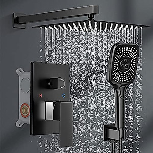 Wiserset Black Shower Faucet Set Stainless Steel 10in Rainfall Shower Head with Handheld 3 Functions Shower System Brass Pressure Balance Shower Valve