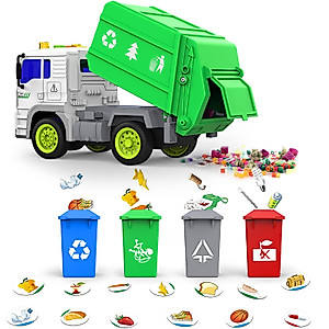 Gizmovine Garbage Truck Toys, 2 Pack Trash Truck Toys with Light and Sound, Friction-Powered Back Dump Garbage Recycling Truck Toy Set with 4 Trash Cans, Gift for 3+ Years Old Kids Boys Girls