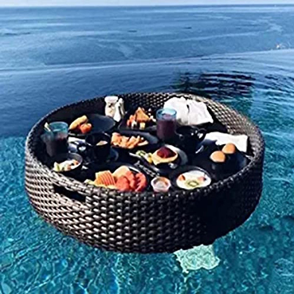 ENPAP Round Rattan Woven Serving Tray Rattan Floating Breakfast Tray with Handles,Swimming Pool Floats,for Pool Serving Drinks,Brunch,Food on The Water (Color : Black, Size : 80cm)