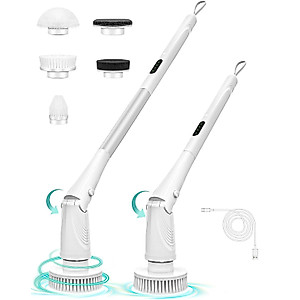 Electric Spin Scrubber, TRAJADA Shower Cleaning Brush with 5 Replacement Heads,3 Adjustable Angle Shower Scrubber,Cordless Power Scrub with Extension Handle for Cleaning Bathtub Grout Tile Floor