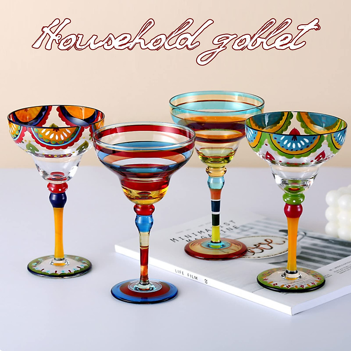 Colorful Painted Margarita Glass 270ml, Hand Painted Cocktail Glass Champagne Cup Margarita Wine Glasses for Birthday Wedding Daisy