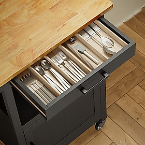 Qsun Kitchen Island Cart on Wheels with Drawer, Storage Cabinet, Shelf and Side Hook, Rolling Kitchen Cart with Rubber Wood Countertop, Microwaves Stand for Small Space, Black