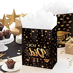 Whaline 12Pcs Graduation Gift Bag with White Tissue Paper Congrats Grad Party Favor Bags with Handle 4 Designs Black Gold Paper Congratulations Treat Candy Bag for College High School