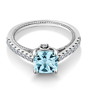 Gem Stone King 925 Sterling Silver Cushion 7MM Gemstone Birthstone and White Created Sapphire Engagement Ring | Wedding Engagement Anniversary Promise Ring For Women