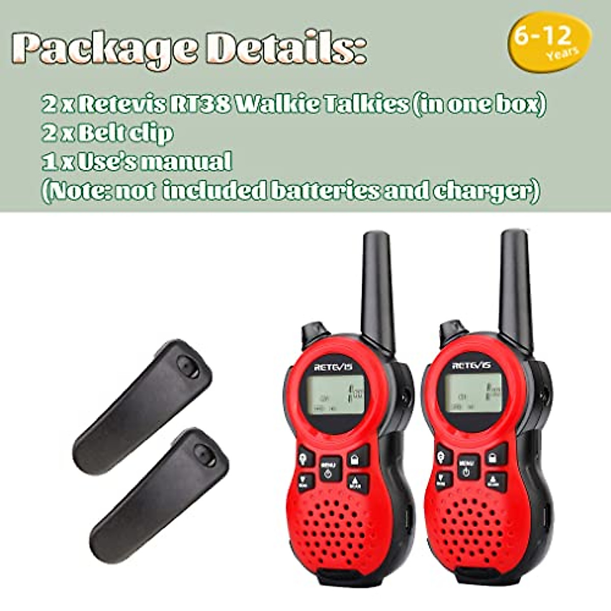 Retevis RT38 Walkie Talkies for Kids 2 Pack,Toy Walkie Talkie with 22 CH VOX USB Port Flashlight,Toy Walkie Talkie for 5-13 Boys Girls Outdoor Camping Games Indoor(Red)