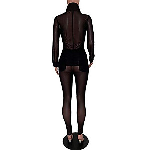 Uni Clau Women Sexy See Through Two Piece Outfits Set Long Sleeve Blouse Sheer Mesh Skinny Pants Club Jumpsuit Black XL