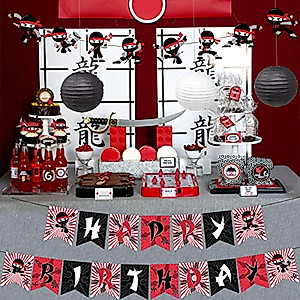 Ninja Birthday Party Decoration Red and Black Warrior Themed Party Supplies for Boys with Ninja Happy Birthday Banner Cake Topper Sticker and Paper Lanterns