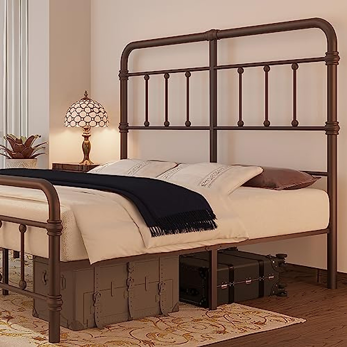 Macbimony Cal-King-Bed-Frame with headboard Giselle-Vintage Antique-Metal - Iron Platform Mattress Foundation,49 inch High,No Box Spring Needed(Brown)