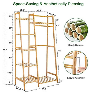 Jotsport Bamboo Clothes Rack with 7 Tier Storage Shelves Clothing Hanging Stand for Small Spaces Children's Wardrobe Closet, Multifunctional Plant Stand