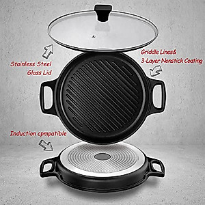 S·KITCHN Cast Aluminum Griddle Pan for Stovetop with Lid - Lighter than Cast Iron Skillet,Round Frying Pans Nonstick Grill Pan Dishwasher & Oven Safe,12IN