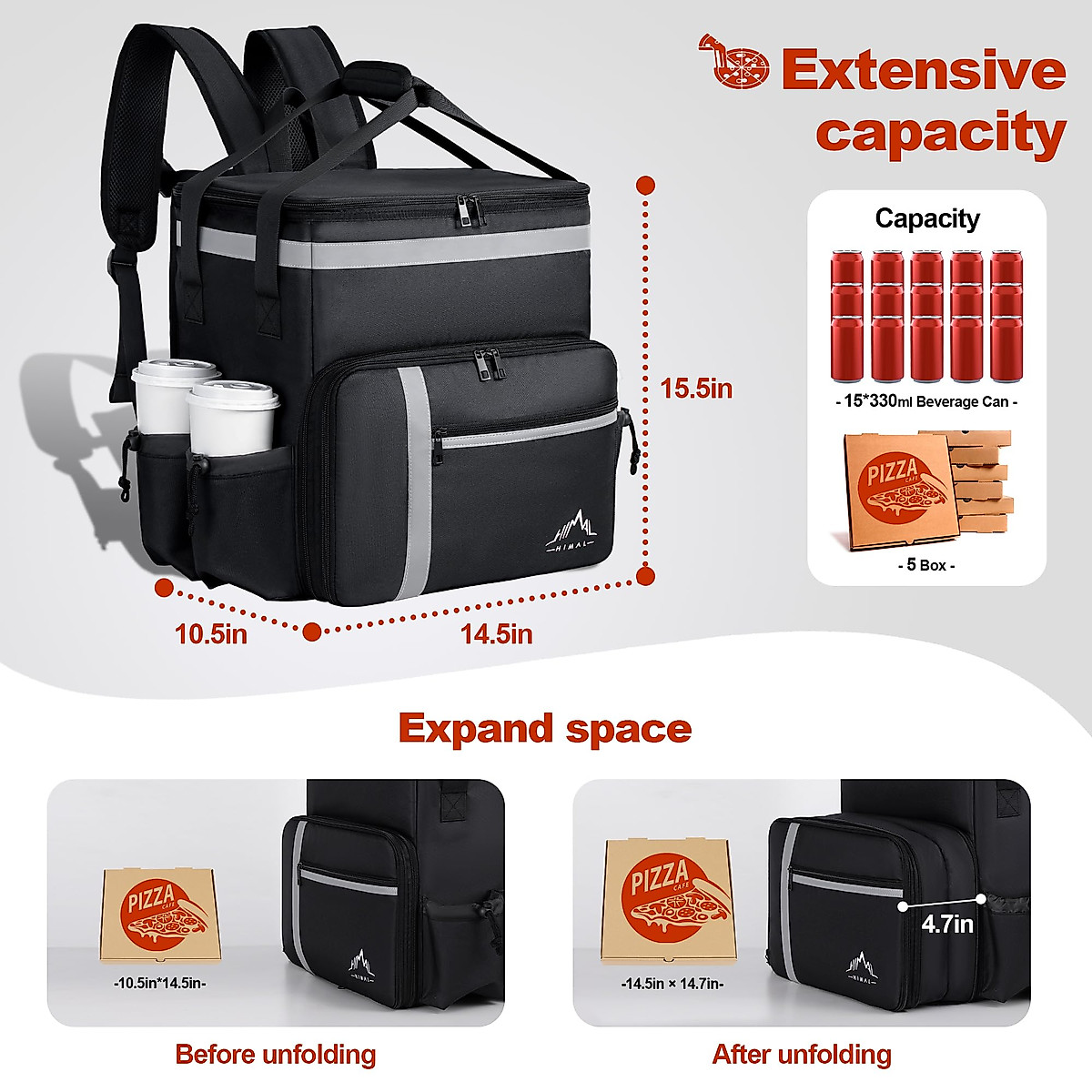 GoHimal Food Delivery Backpack,insulated food delivery bags for Delivery Bike,Large Pizza Delivery Bag for HOT/COLD with 4 Pockets Reflective Perfect for Uber Eats,Camping & Beach