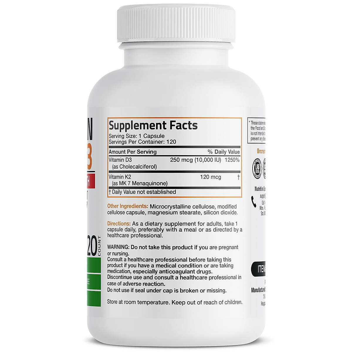 Bronson Vitamin K2 (MK7) with D3 Extra Strength Supplement Bone and Heart Health Non-GMO Formula 10,000 IU Vitamin D3 & 120 mcg Vitamin K2 MK-7 Easy to Swallow Vitamin D & K, 120 Capsules