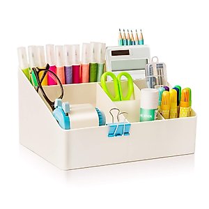Desk Organizer, Desktop Organizers and Accessories with Pencil Holder, School Supplies Caddy Storage or Pen Holders, Teacher Office, Classroom, Bathroom,Countertop,Plastic, 6 Compartments, White