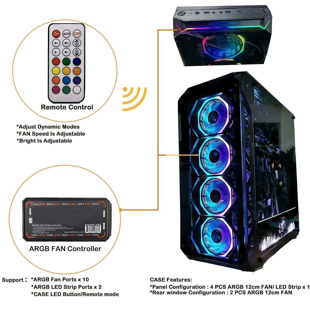 Rhinomax A17 Series Phoenix Full-Tower E-ATX/ATX/M-ATX Computer Gaming Case with 3-Sided Reinforced Glass, USB 3.0, 6 ARG Light-Emitting 12cm Fans with 1 ARGB Fan Controller