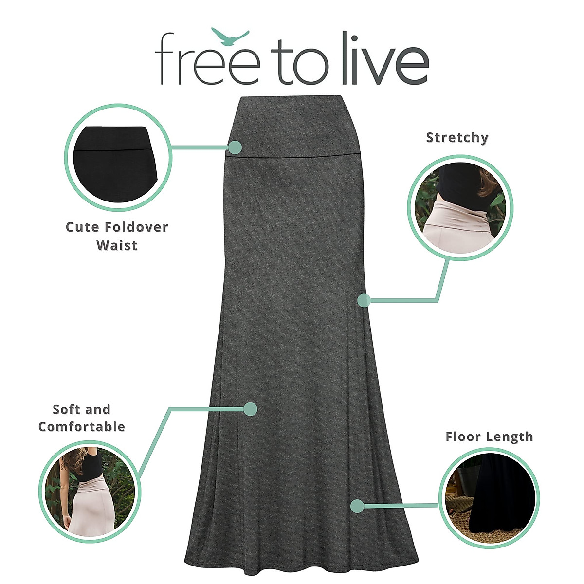 Free to Live 3 Pack Long Skirts for Women Fall Winter Flowy Maxi Skirt High Waist Fold Over (Large, Black, Charcoal, Mocha)