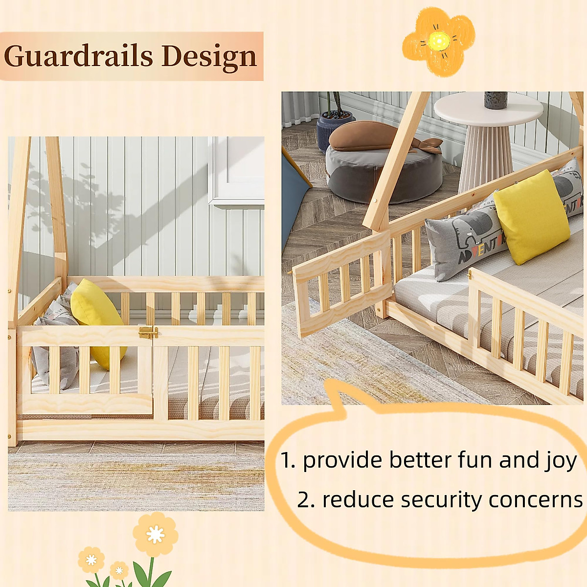Mirightone Tent Floor Bed for Kids Full Size Montessori Floor Bed with Slats and Guardrails Wood Teepee Bed Frame with Fence and Door for Boys Girls, Natural