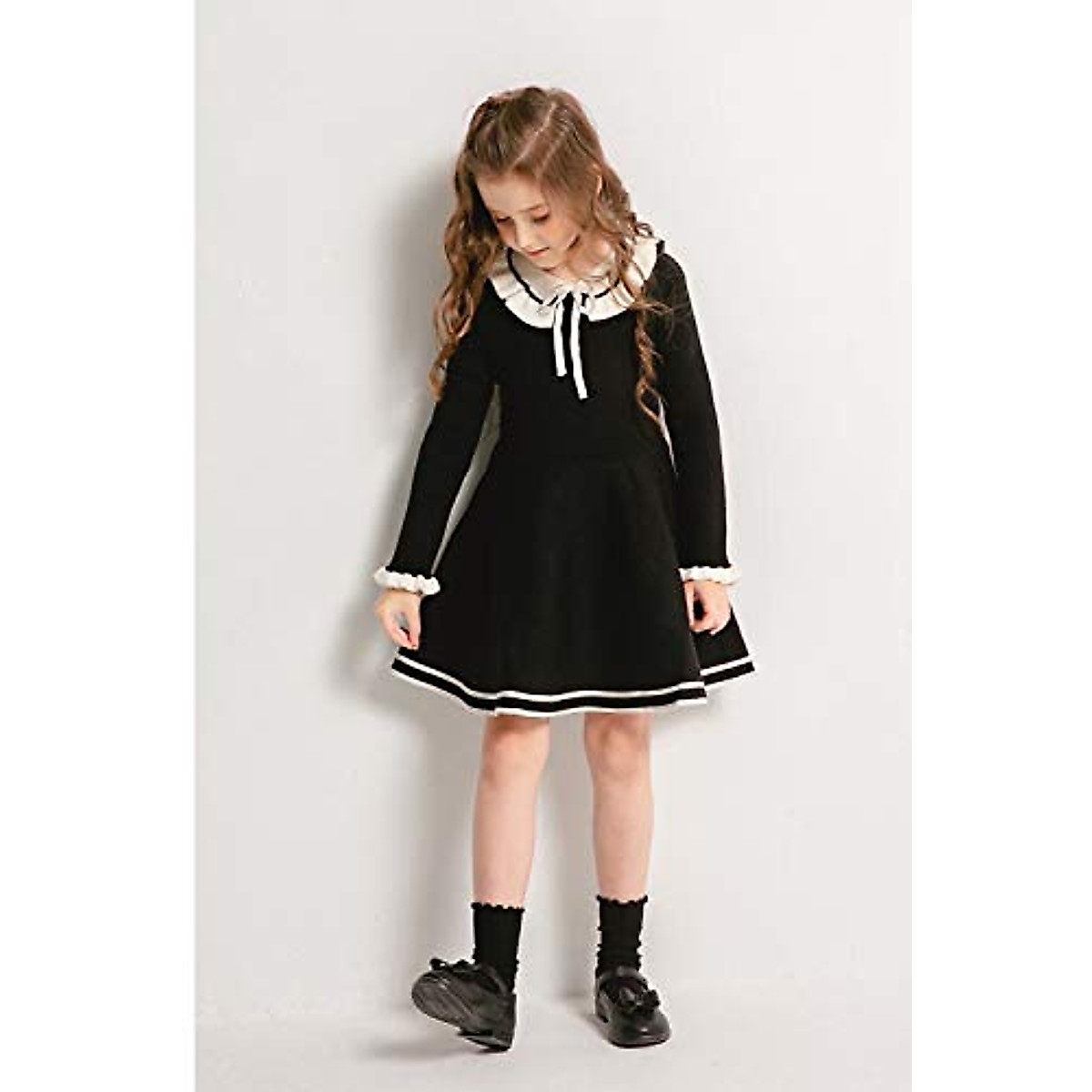 SMILING PINKER Toddler Girls Dresses Sweater Long Sleeve Winter Knitted Skater Dress Ruffle Collar (Black, 6-7 Years)