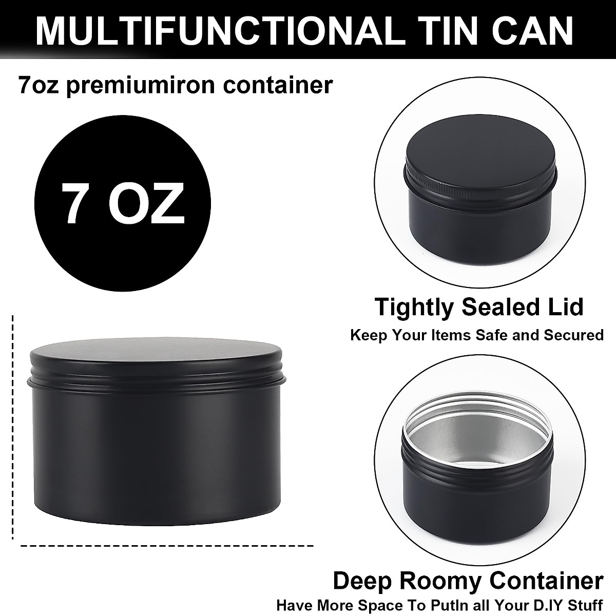 OBKJJ 42 Pack Round Cans with Screw Lid 7 Oz Aluminum Metal Tins DIY Food Candle Containers for Lotion Bars, Balms, Salve, Spices, Beard Balm, Crafts with 4 Markers 6 Sheets Label Stickers (Black)