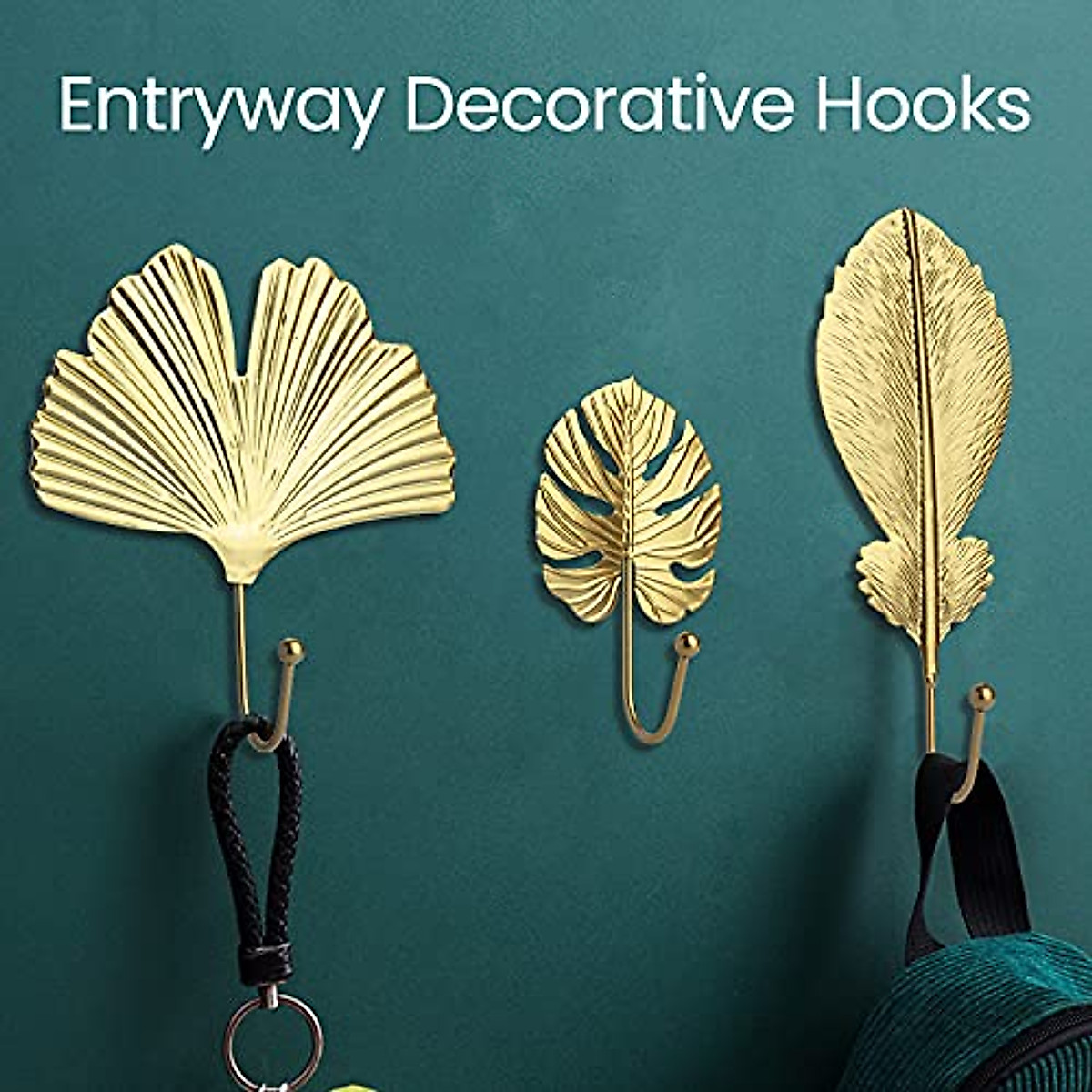 ORYOUGO Set of 8 Decorative Leaves Iron Hooks Plant Modern Key Holder Wall Mounted Single Prong Coat Hanger for Hallways, Living Room, Green+Gold